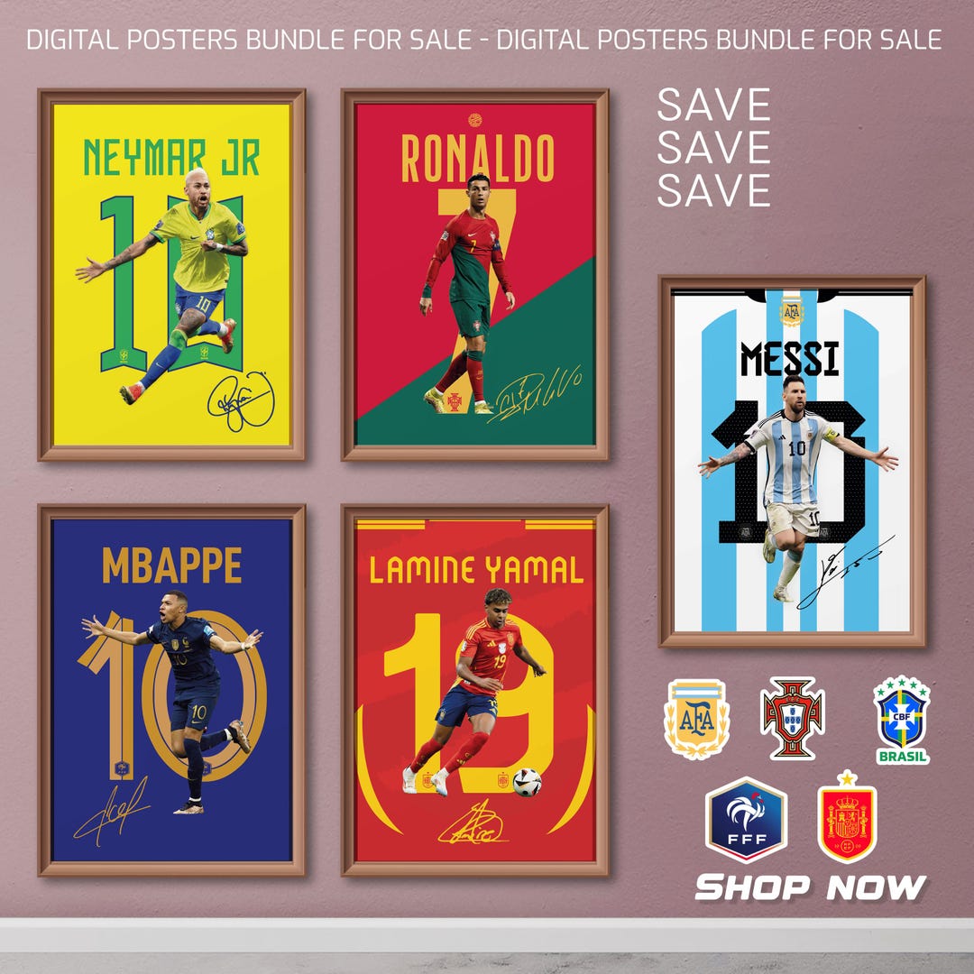 Printable 5 Football Stars Poster, Ronaldo Messi Mbappe Neymar Yamal ...