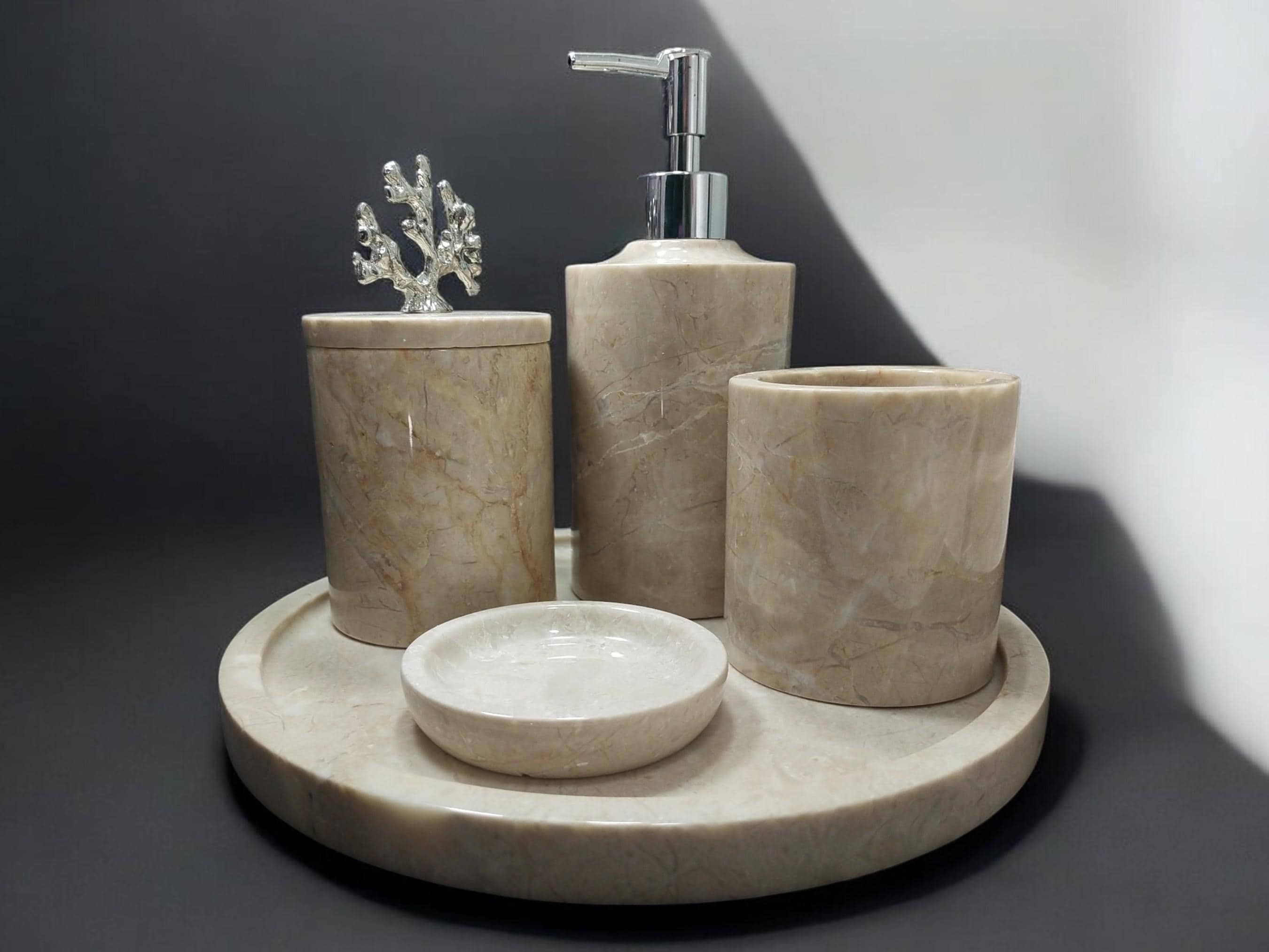 Luxurious Beige Marble Bathroom Accessories: Set of Elegance & Utility ...