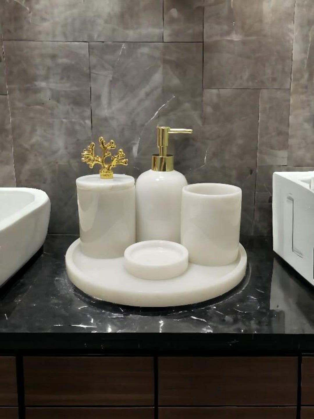 Natural Marble Bathroom Set, 5 Pieces Set,white Luxury Marble Bath Set ...