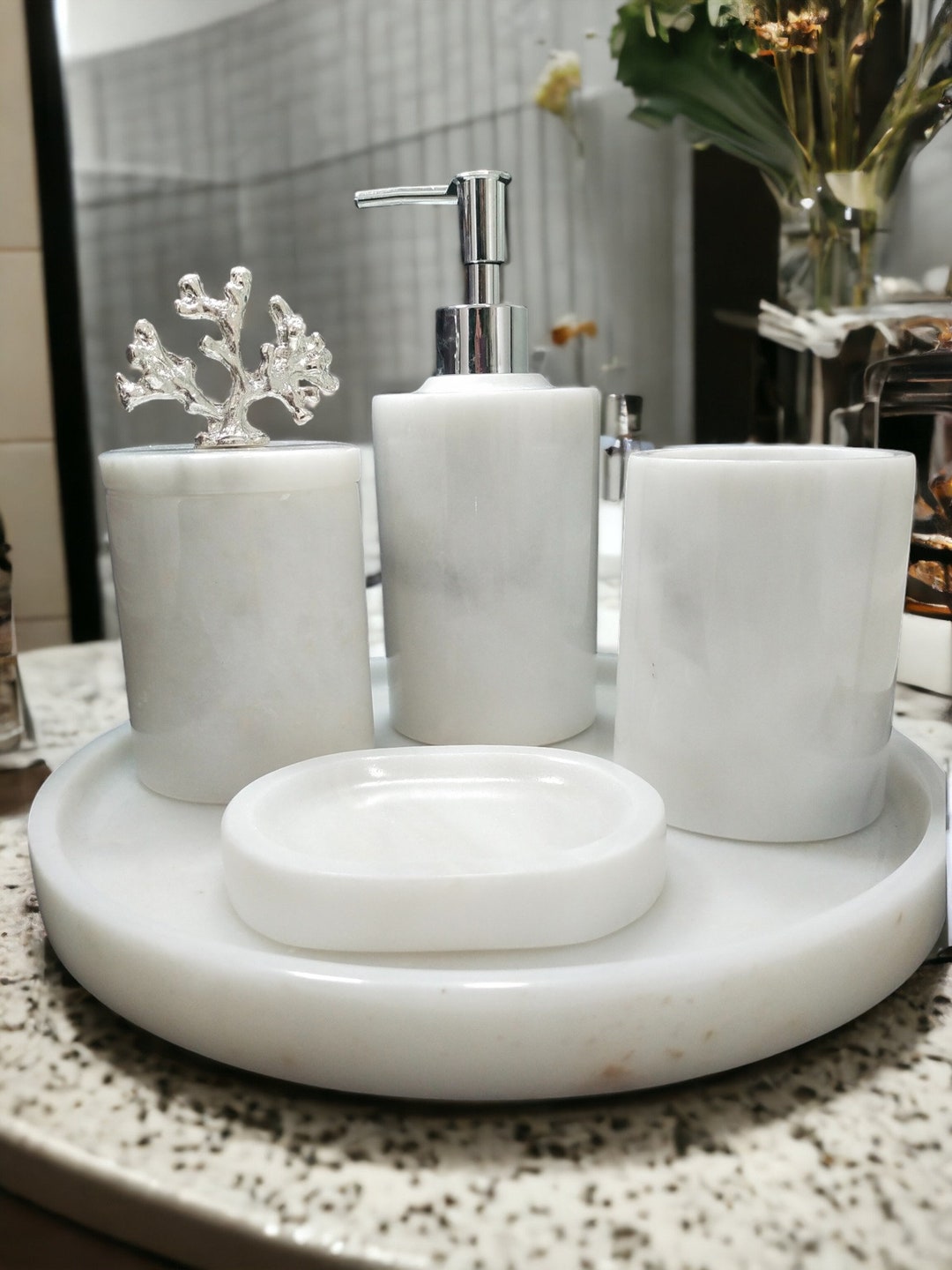 Natural Marble Bathroom Set, 5 Pieces,white Luxury Marble Bath Set ...