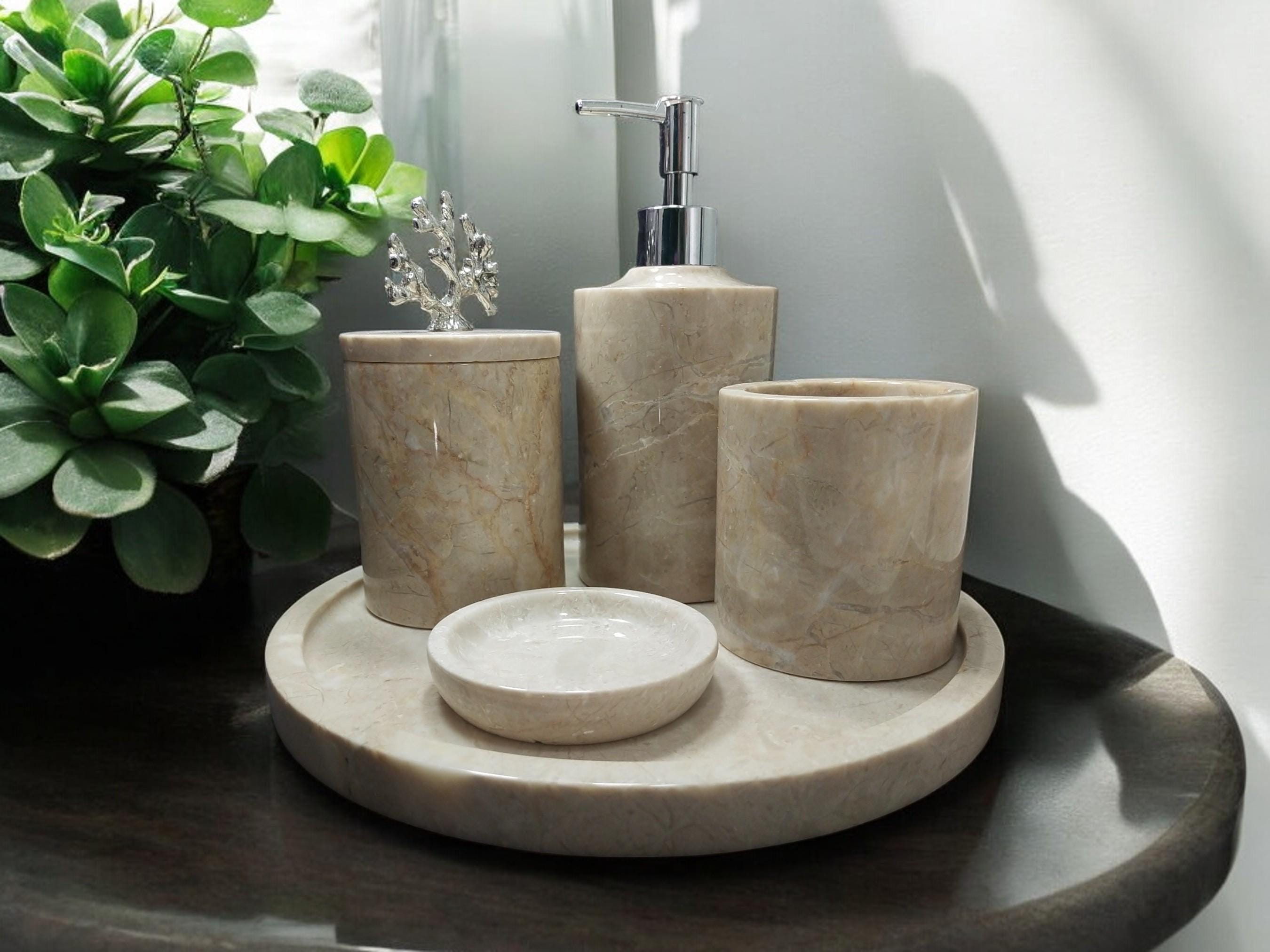 Luxurious Beige Marble Bathroom Accessories: Set of Elegance & Utility ...