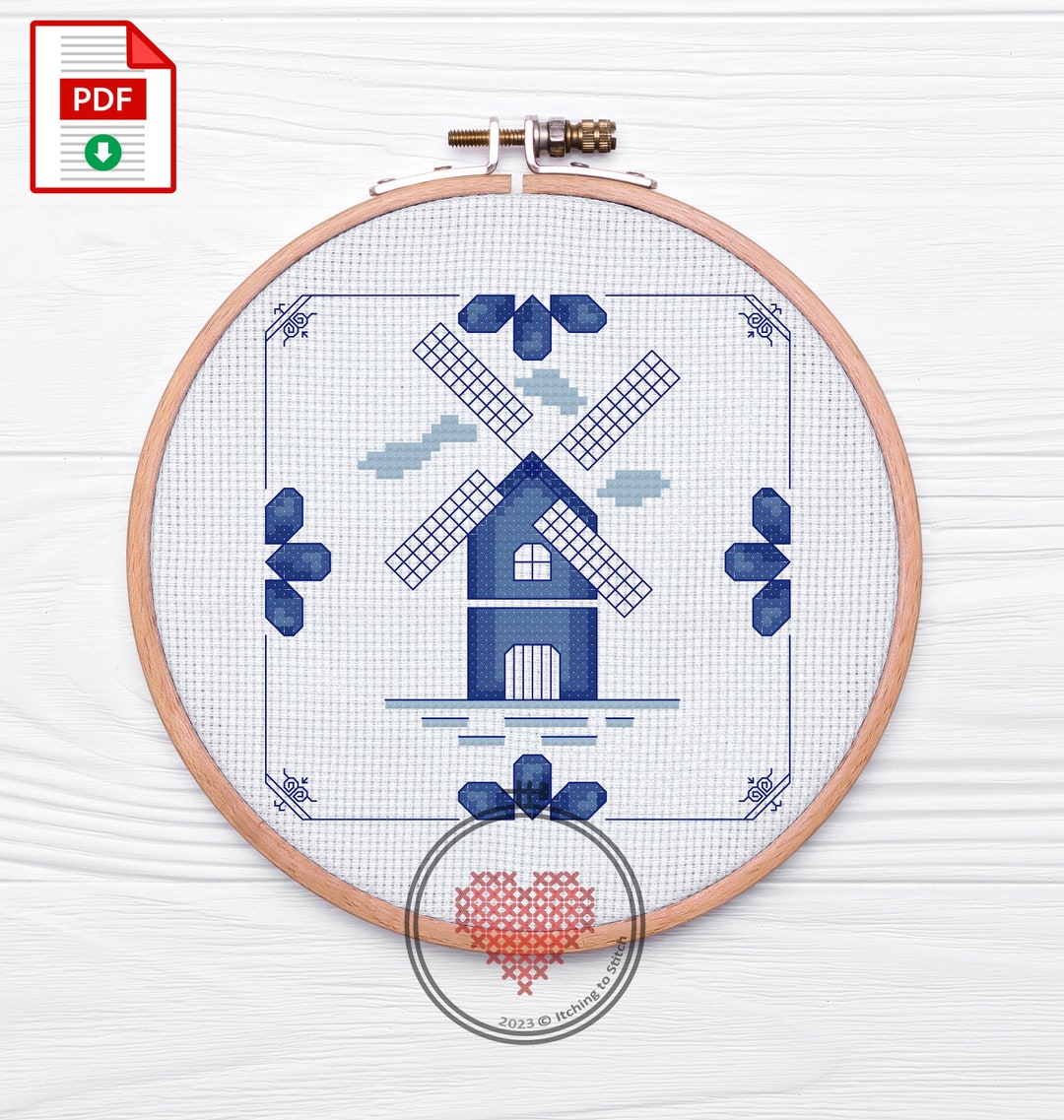 Delft Blue Tile Windmill Delftware Cross Stitch Pattern Digital ...