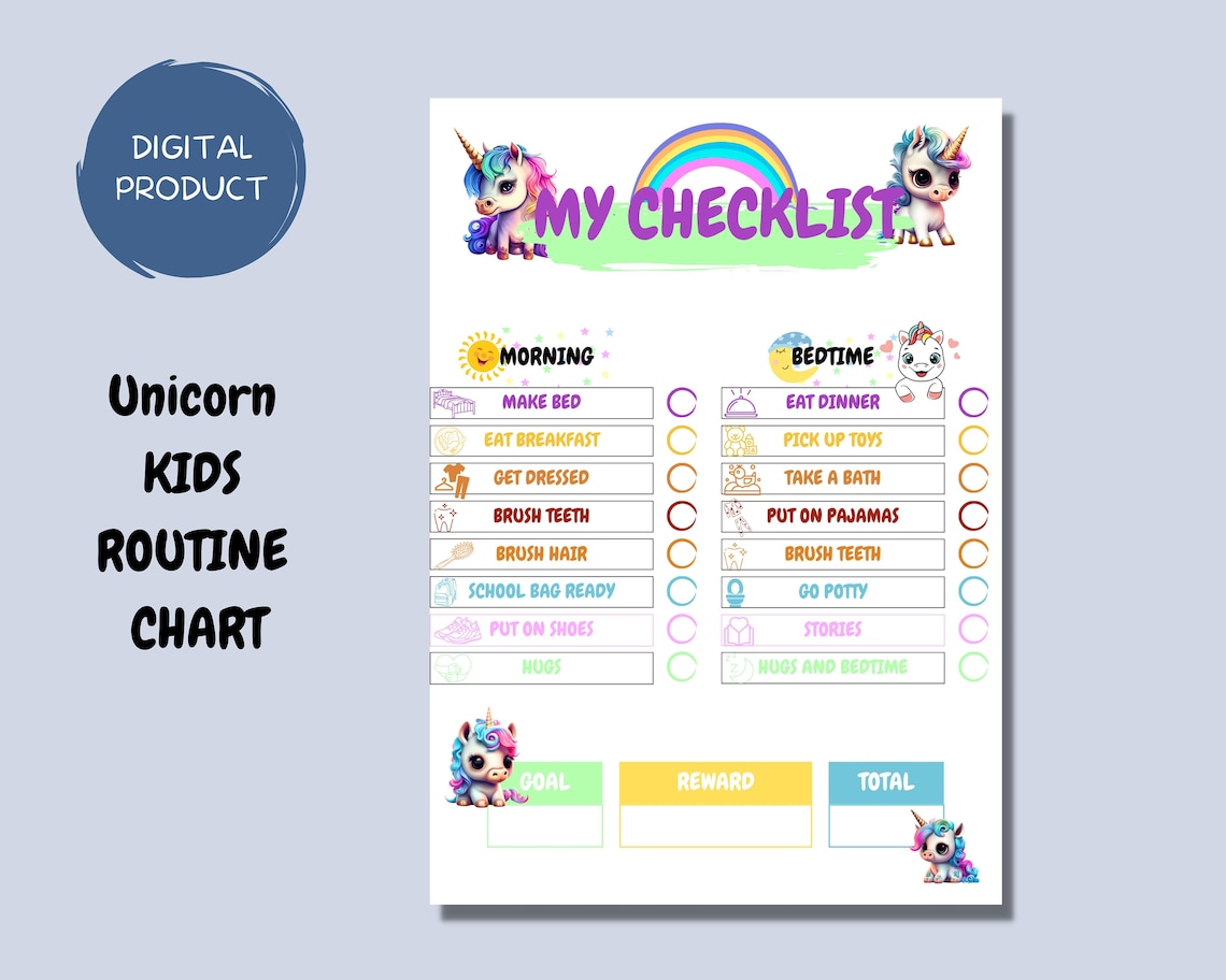 Kids Printable Unicorn Morning & Bedtime Routine Chart With Pictures ...