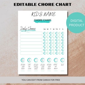 EDITABLE Kids Chore Chart Chore Chart for Kids Printable - Etsy
