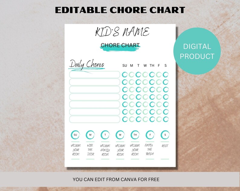 EDITABLE Kids Chore Chart Chore Chart for Kids Printable - Etsy
