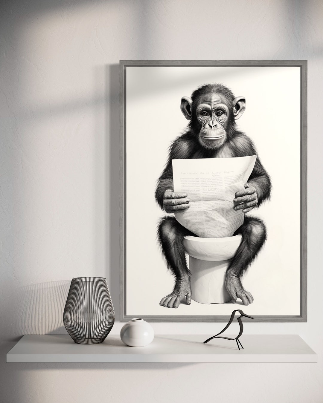 CHIMPANZEE WALL ART - Bathroom Toilet Poster, Animal Humor Wall Art ...