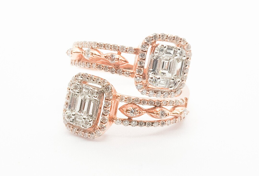 Bypass Baguette Diamond Ring / Overlap Open Diamond Ring / 14k Gold ...