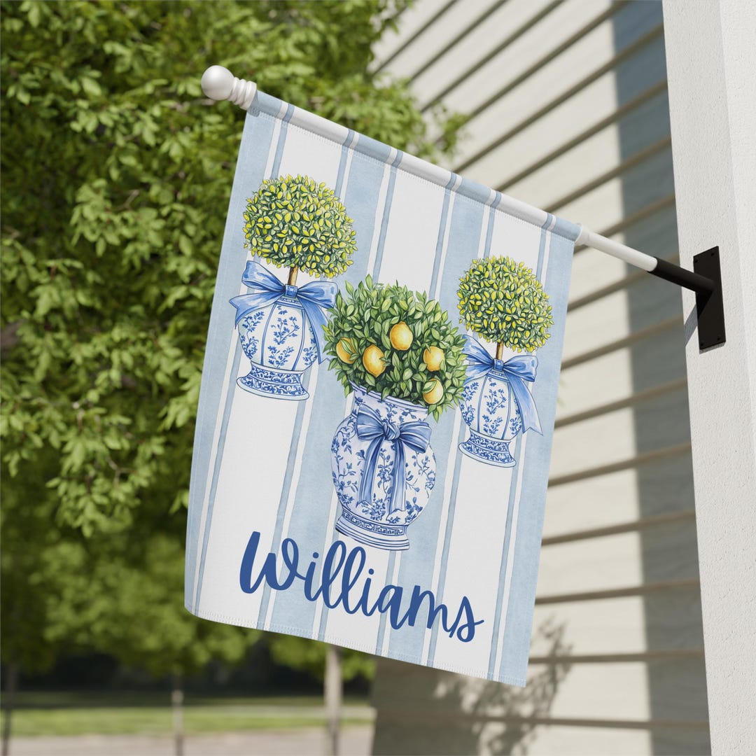 Custom Chinoiserie Garden Flag, Topiary Door Hanger, Preppy Bow ...