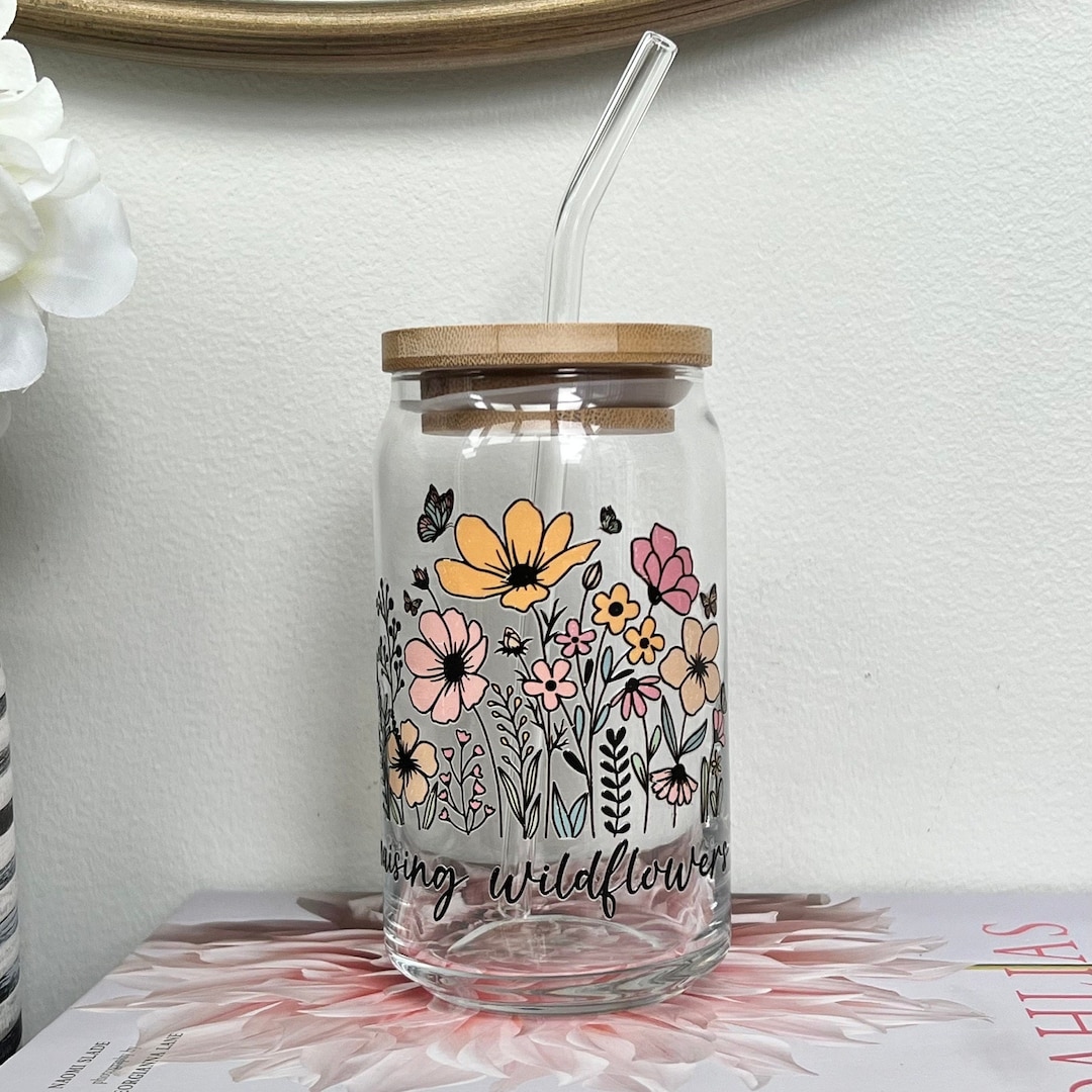 Flower Glass Cup With Straw | Gift for Her | Beer Can Glass | Floral ...