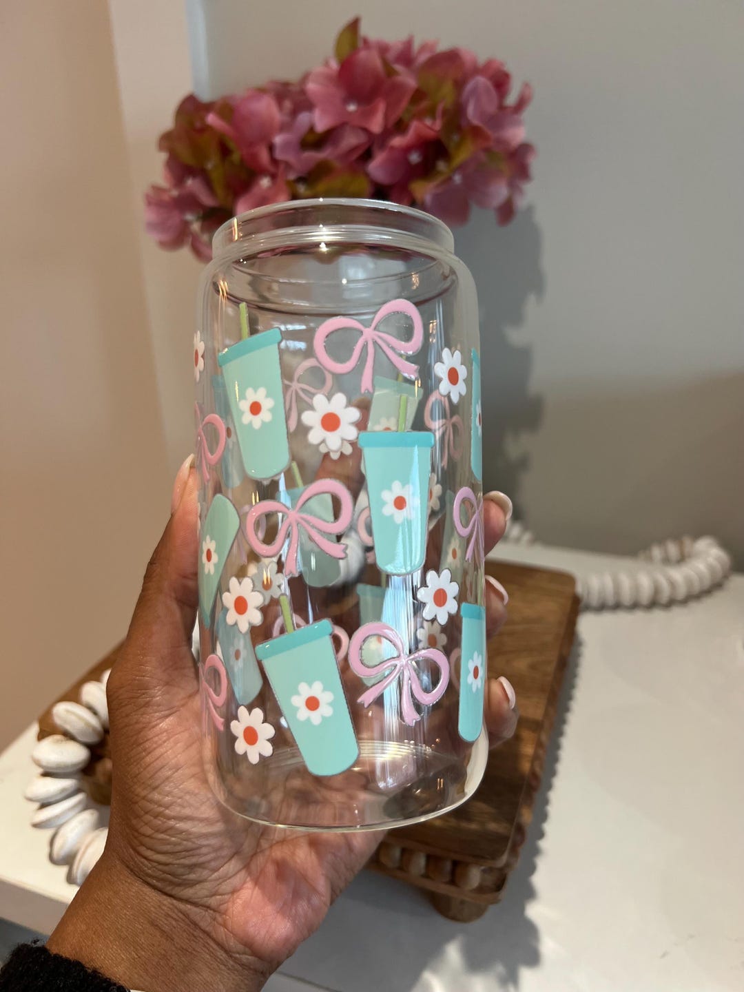 Coquette Iced Coffee Cup | Pink Bow & Daisy Glass Can Cup | Aesthetic ...