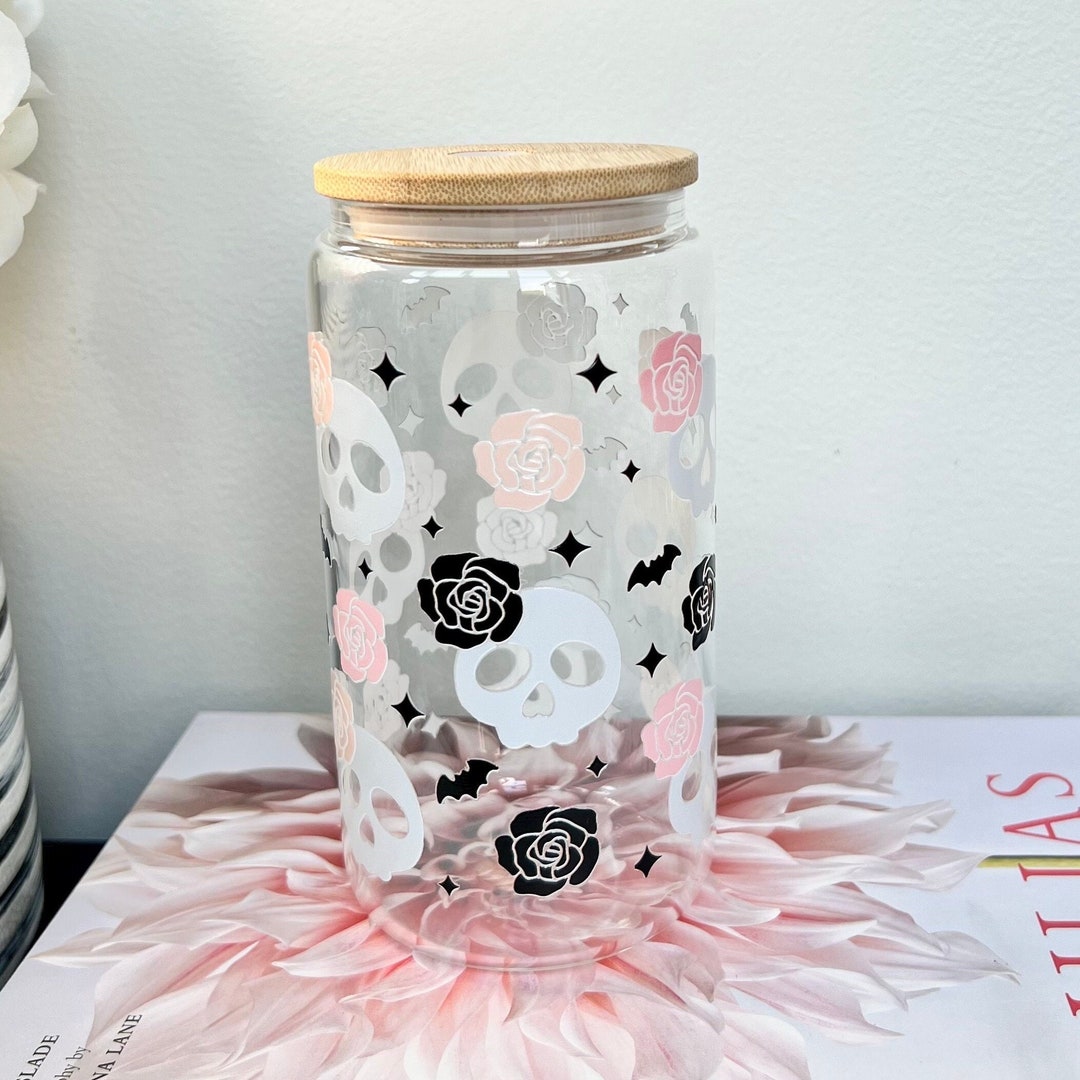 Skull Libbey Glass Cup With Straw | Skulls and Roses Cup | Glass Cup ...