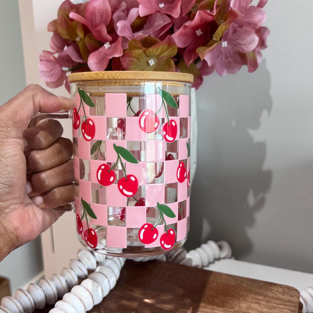 Checkered Cherries Glass Mug 16oz | Iced Coffee Cup With Lid & Straw ...
