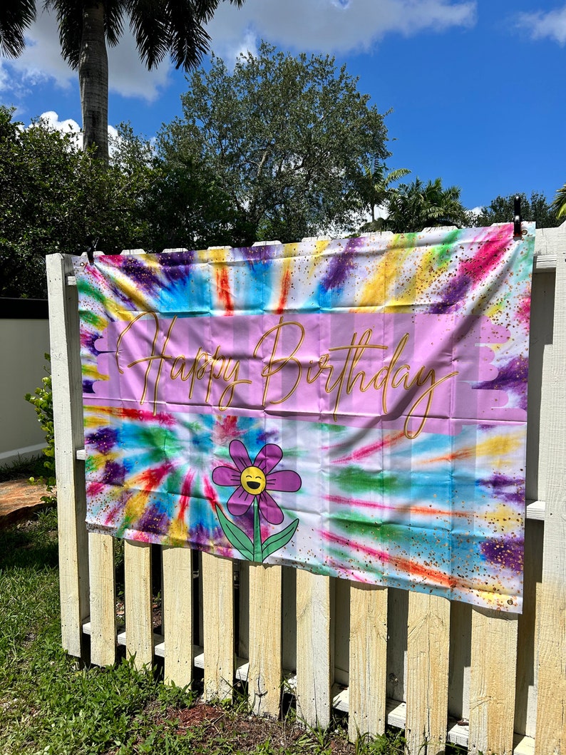 Tie Dye Happy Birthday Backdrop With Flower- Vibrant Tie-dye Party ...