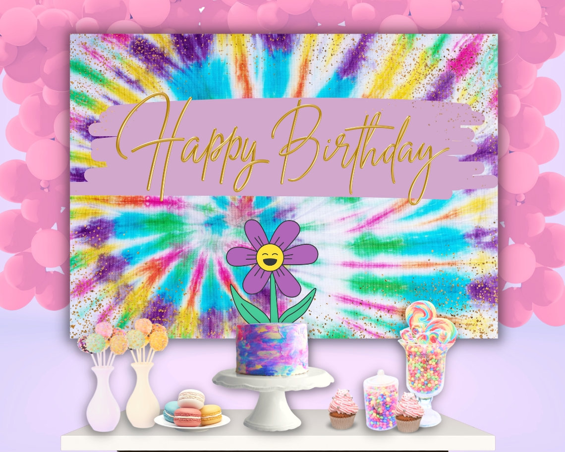 Tie Dye Happy Birthday Backdrop With Flower- Vibrant Tie-dye Party ...
