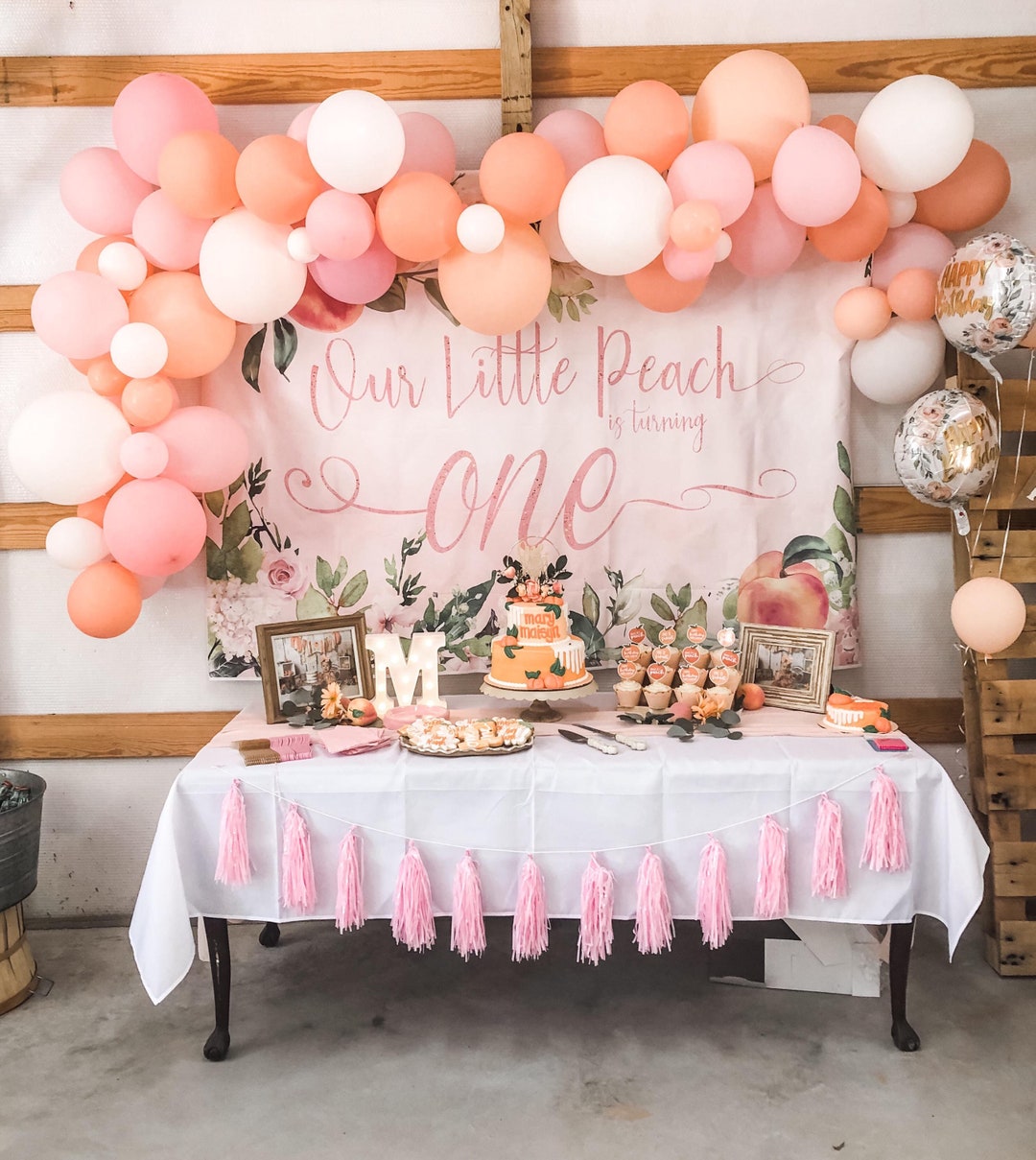 Peach 1st Birthday Backdrop: Rose Pink Floral Photo Banner (6x4ft) - Etsy