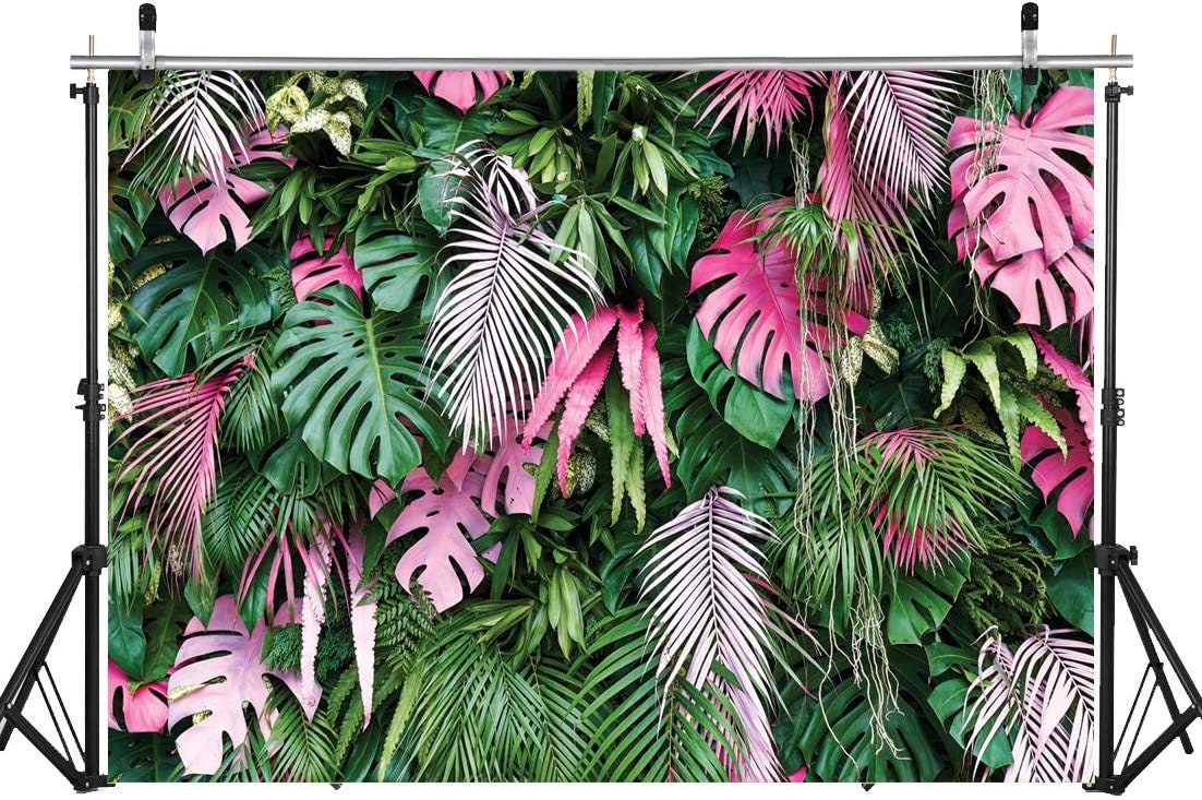 Green and Pink Jungle Leaves Backdrop- Tropical Birthday Party, Bridal ...