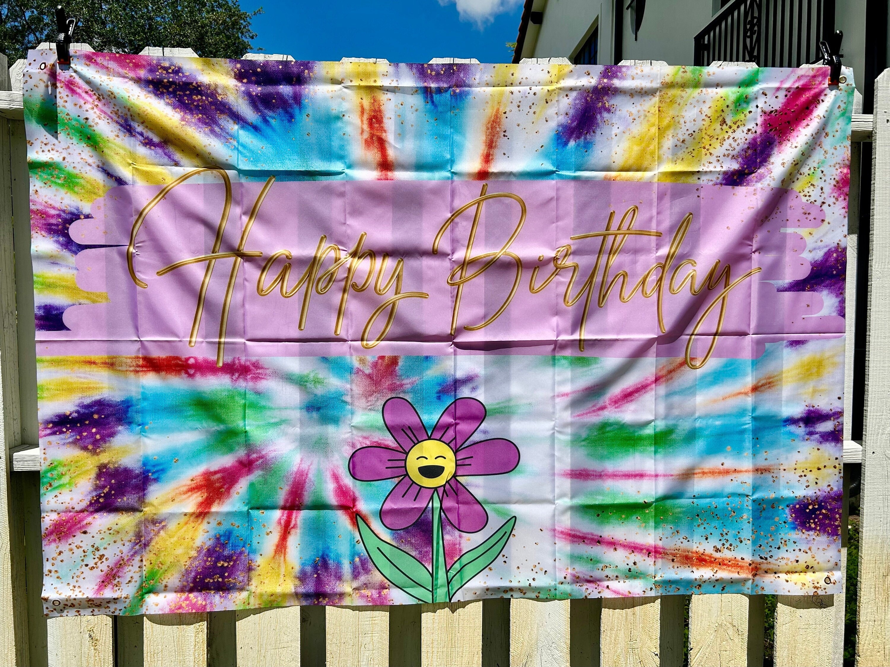 Tie Dye Happy Birthday Backdrop With Flower- Vibrant Tie-dye Party ...