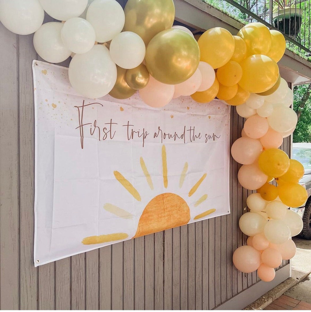 Boho First Trip Around the Sun Backdrop: Muted Sunrise Party Decor ...