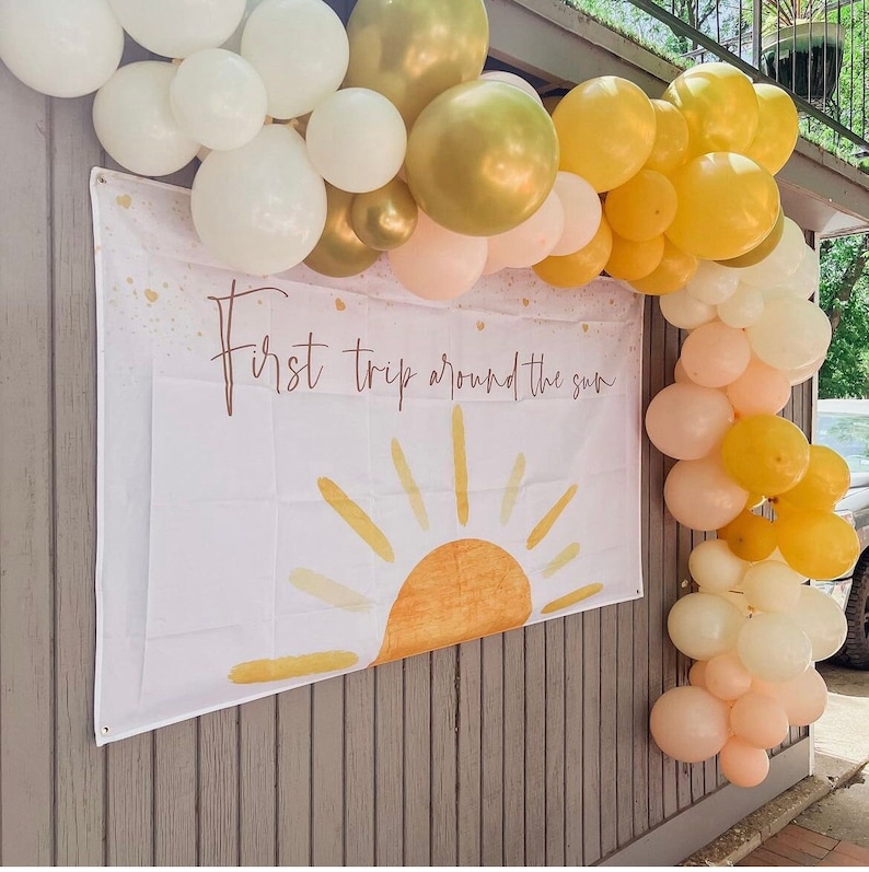 Boho First Trip Around the Sun Backdrop: Muted Sunrise Party Decor ...