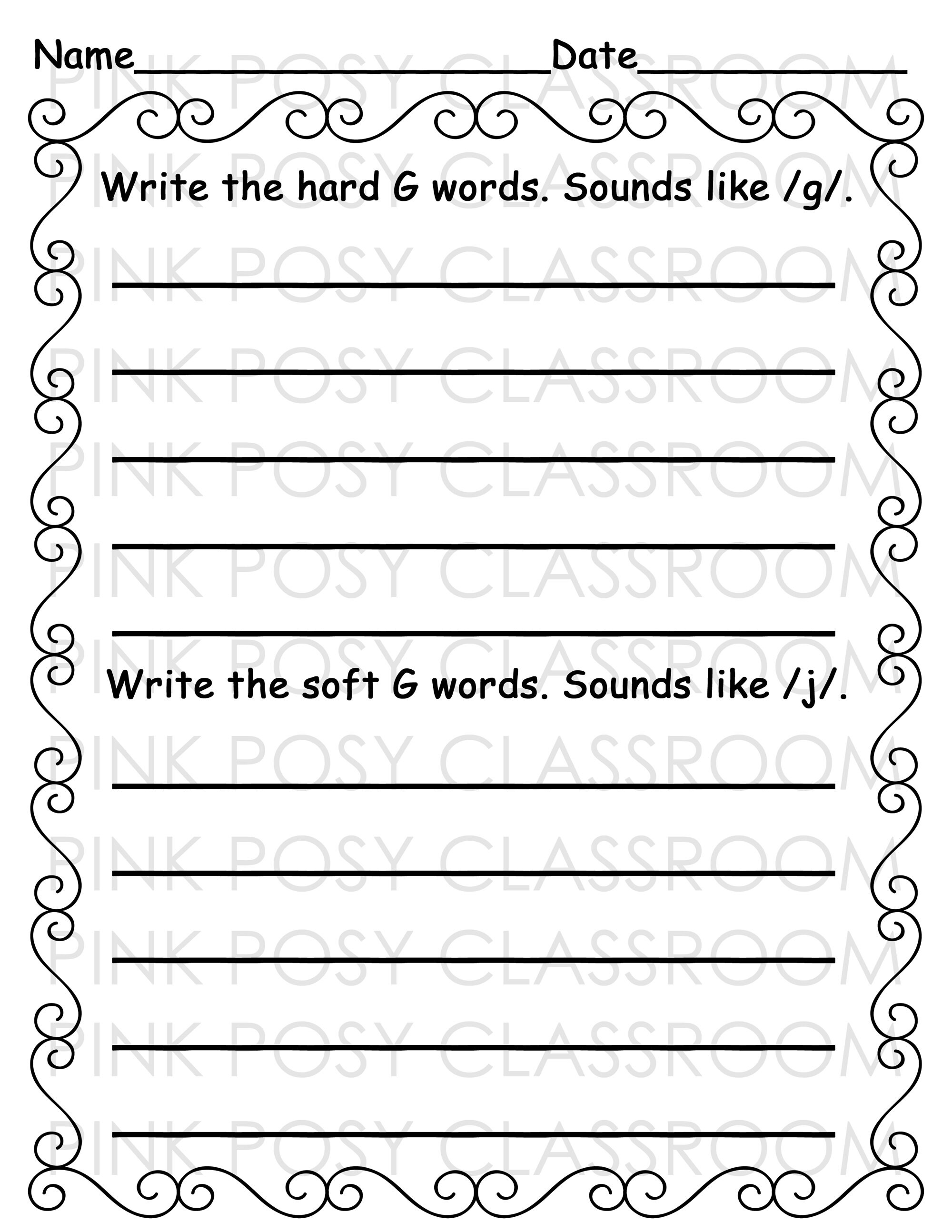 Hard G Soft G Vocabulary Cards, Beginning Sounds Printable, Phonics ...