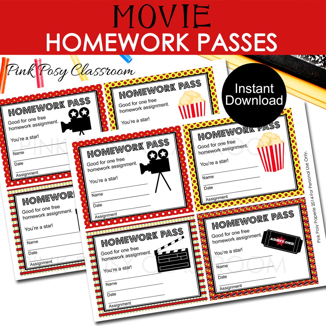 Movie Homework Passes, Classroom Managment, Instant Download, Teacher ...
