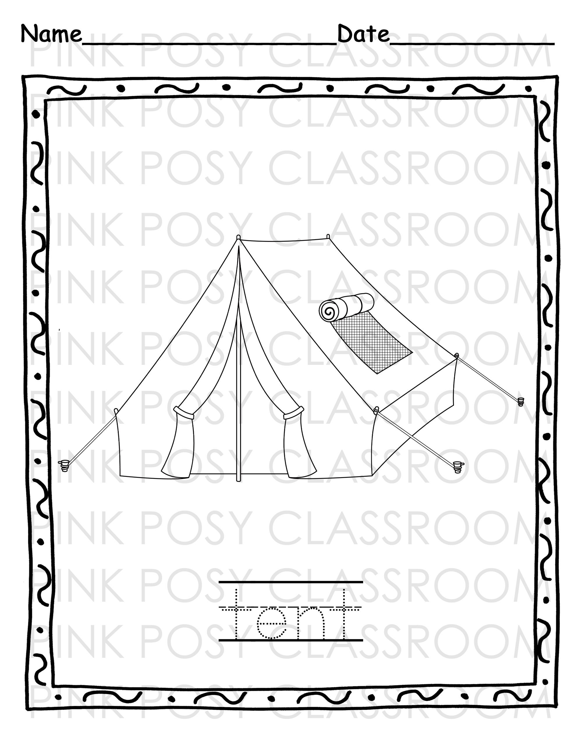 Camping Coloring Pages, Color and Trace the Word, Camping Activities ...