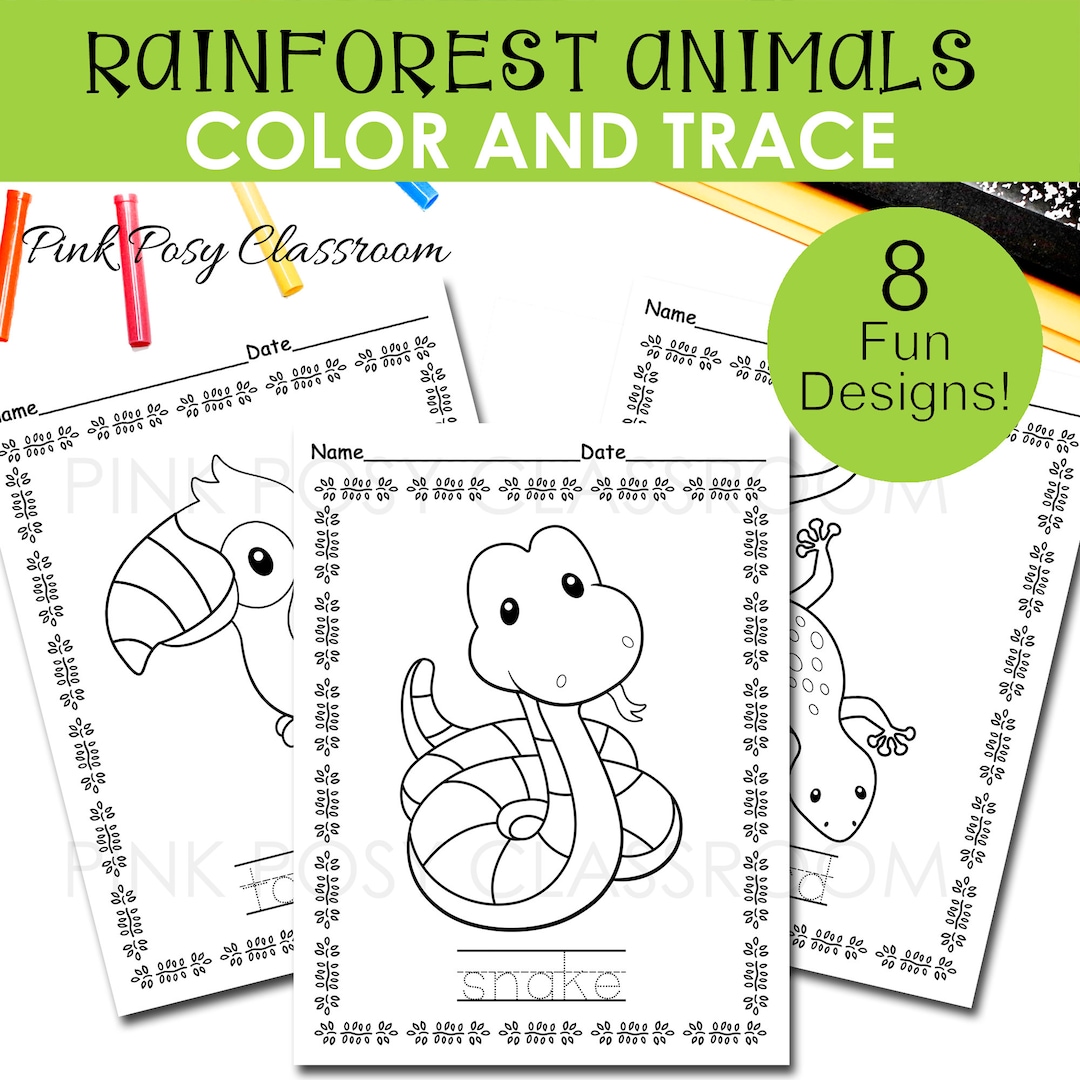 Rainforest Animals Coloring Pages, Color and Trace the Word, Rain ...