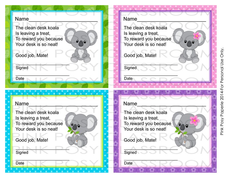 Koala Clean Desk Awards Classroom Managment Behavior - Etsy