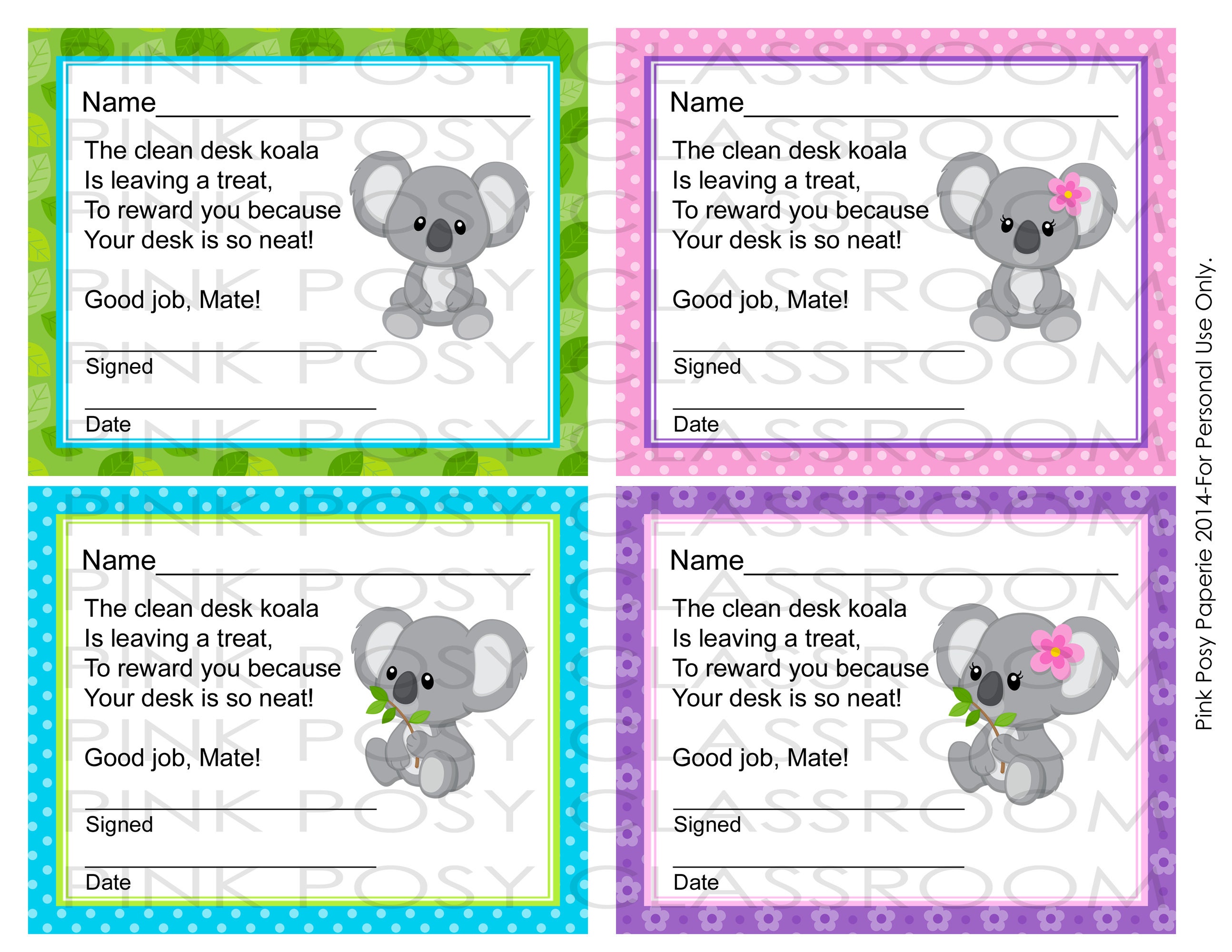 Koala Clean Desk Awards Classroom Managment Behavior - Etsy
