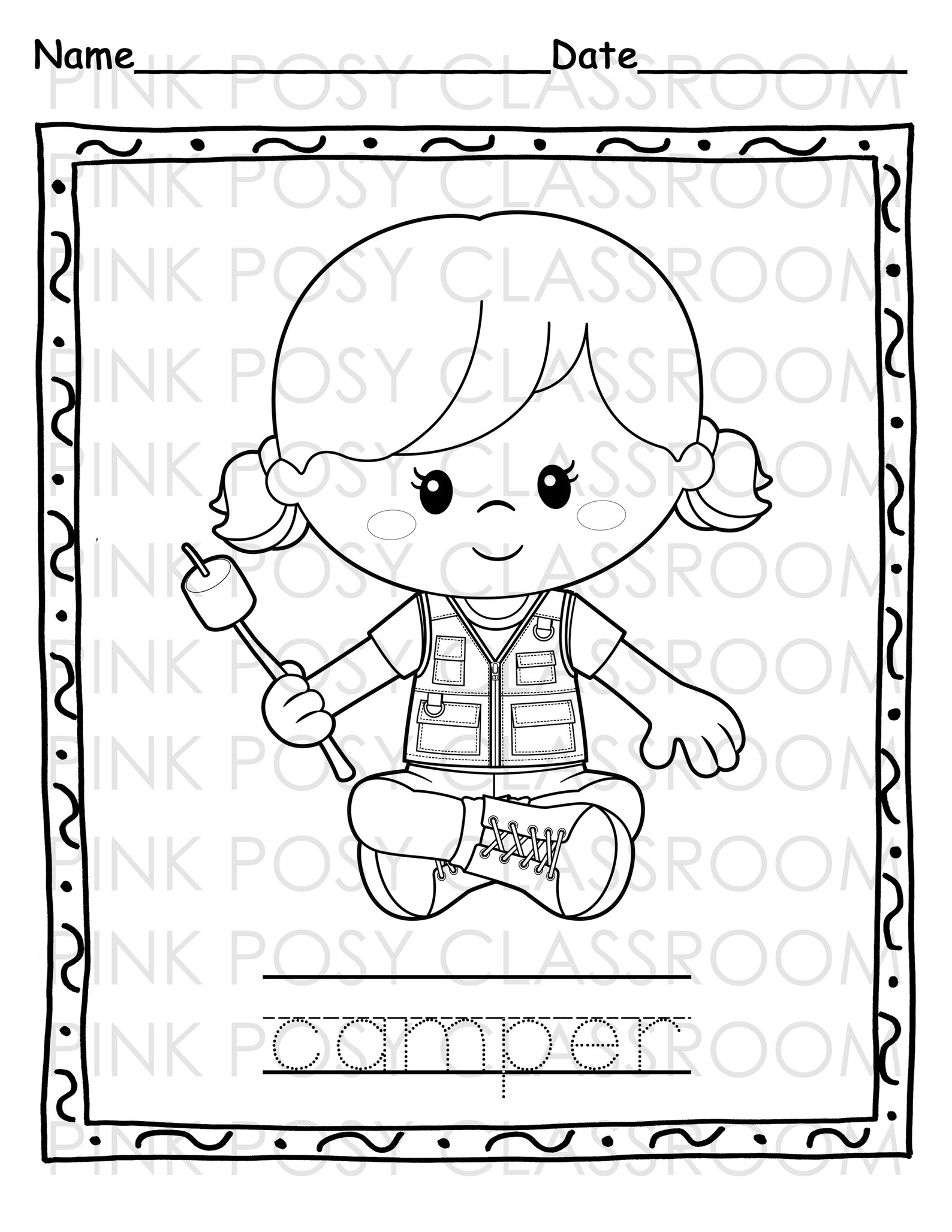 Camping Coloring Pages, Color and Trace the Word, Camping Activities ...