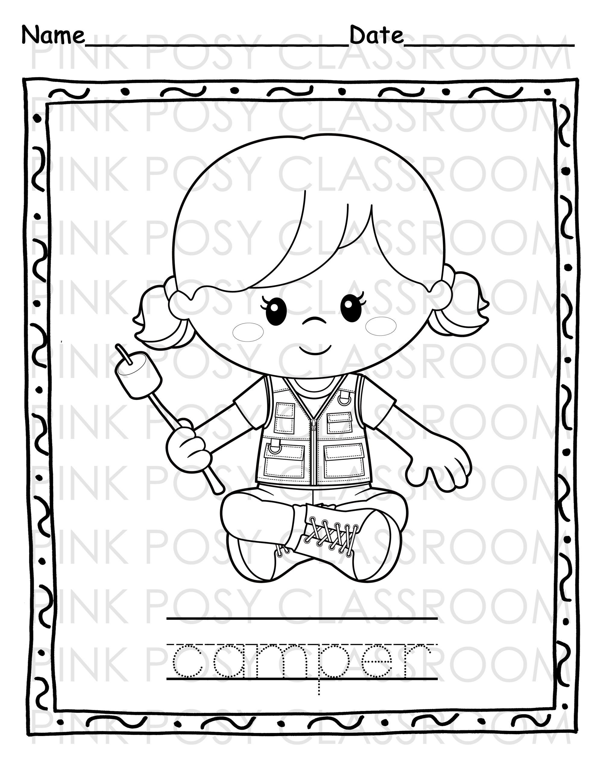 Camping Coloring Pages, Color and Trace the Word, Camping Activities ...
