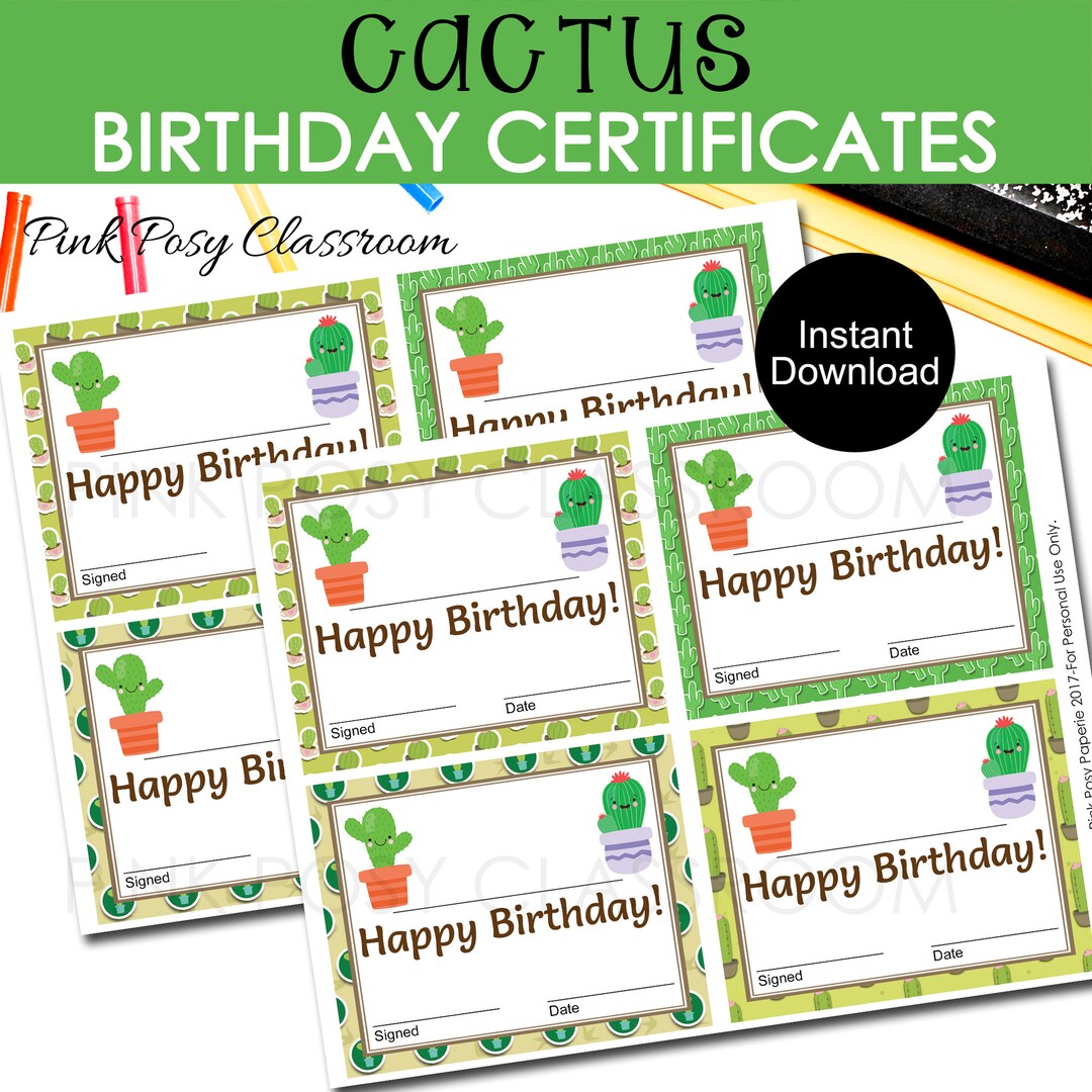 Happy Birthday Certificate, Cactus Birthday Certificate, Classroom ...