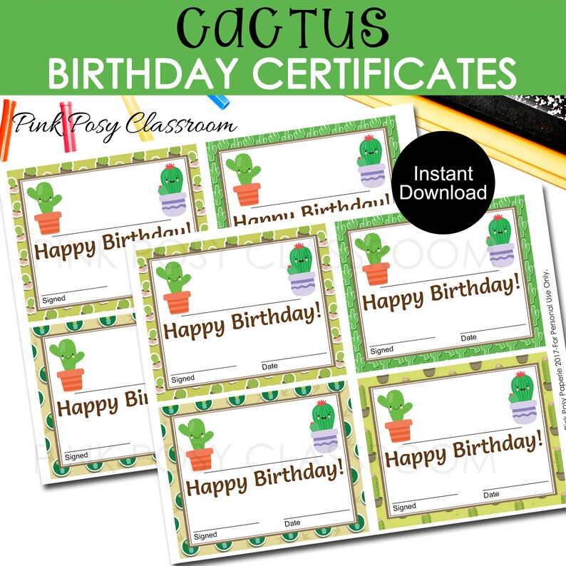 Happy Birthday Certificate, Cactus Birthday Certificate, Classroom ...