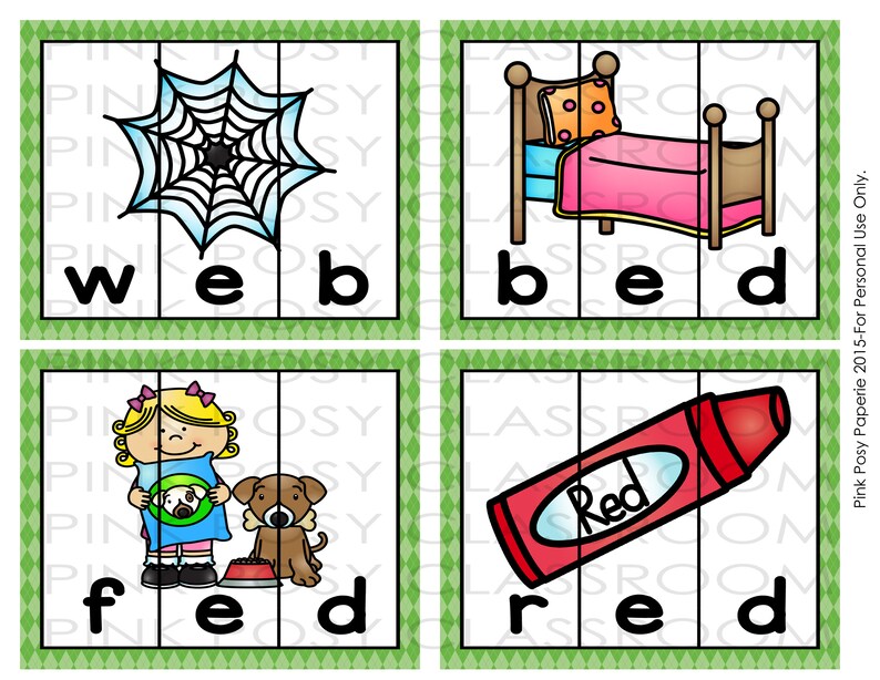 CVC Puzzles, Short E, Short Vowel Sounds, Word Families, Phonics ...