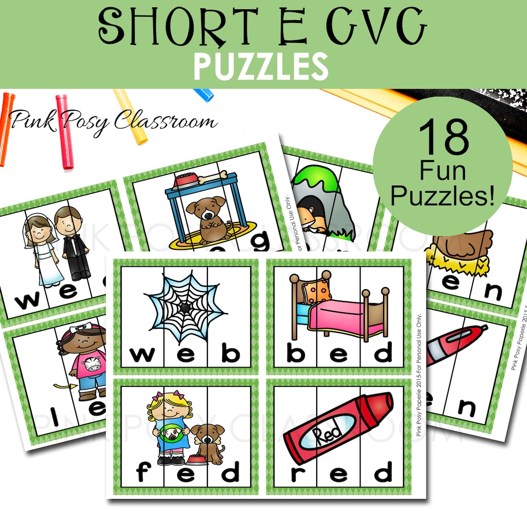 CVC Puzzles, Short E, Short Vowel Sounds, Word Families, Phonics ...