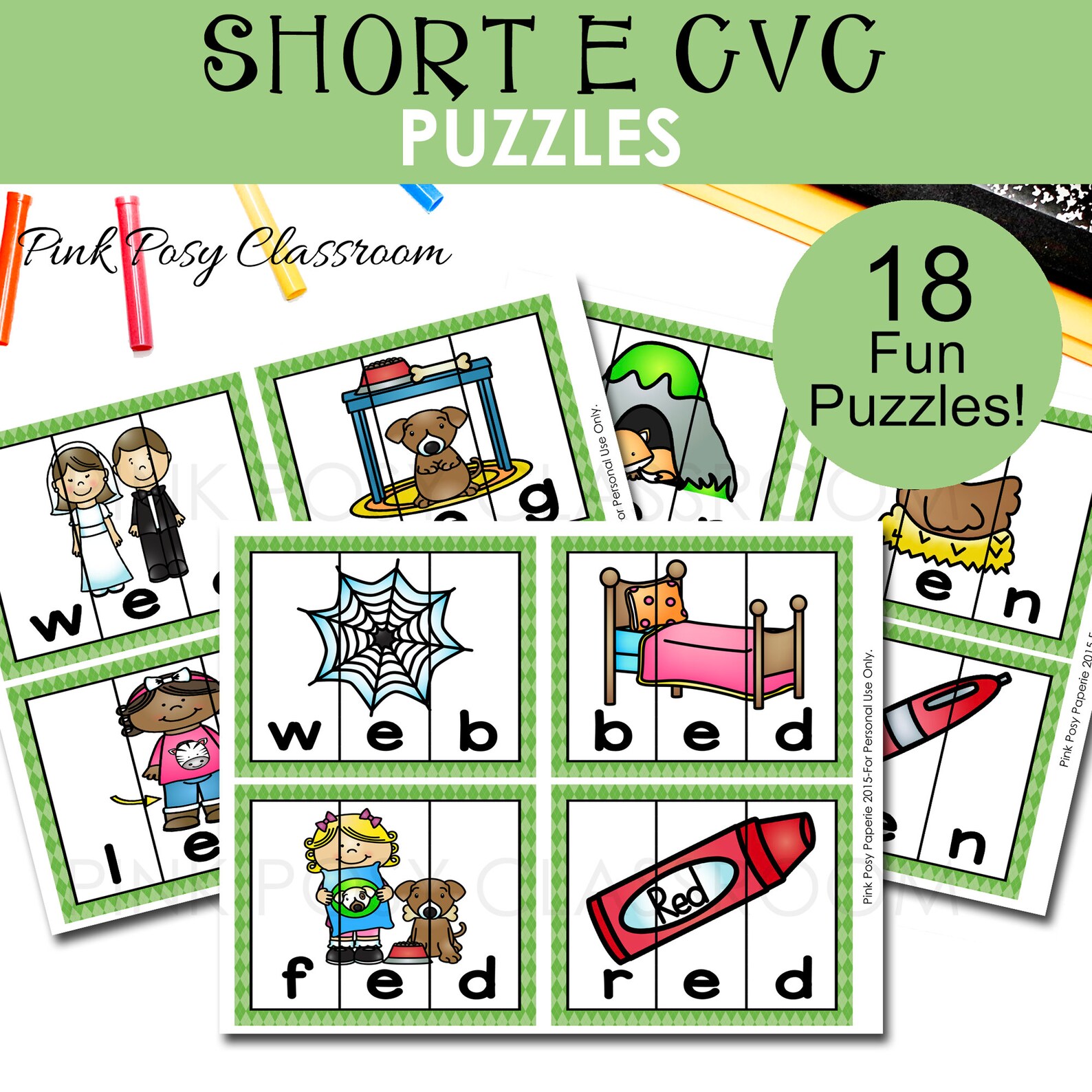 CVC Puzzles, Short E, Short Vowel Sounds, Word Families, Phonics ...