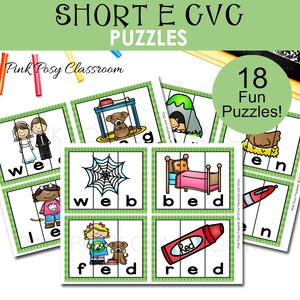 CVC Puzzles, Short E, Short Vowel Sounds, Word Families, Phonics ...