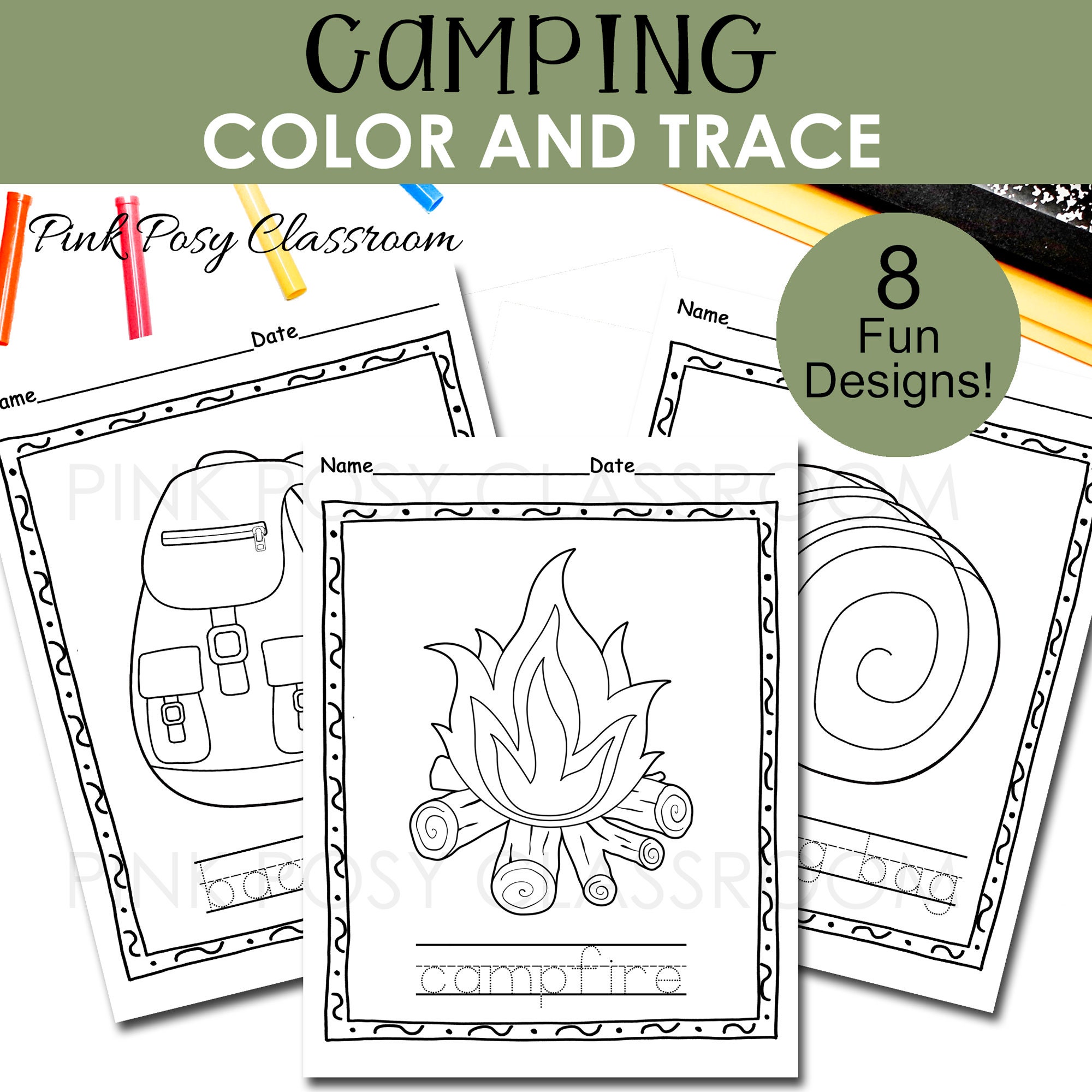 Camping Coloring Pages, Color and Trace the Word, Camping Activities ...
