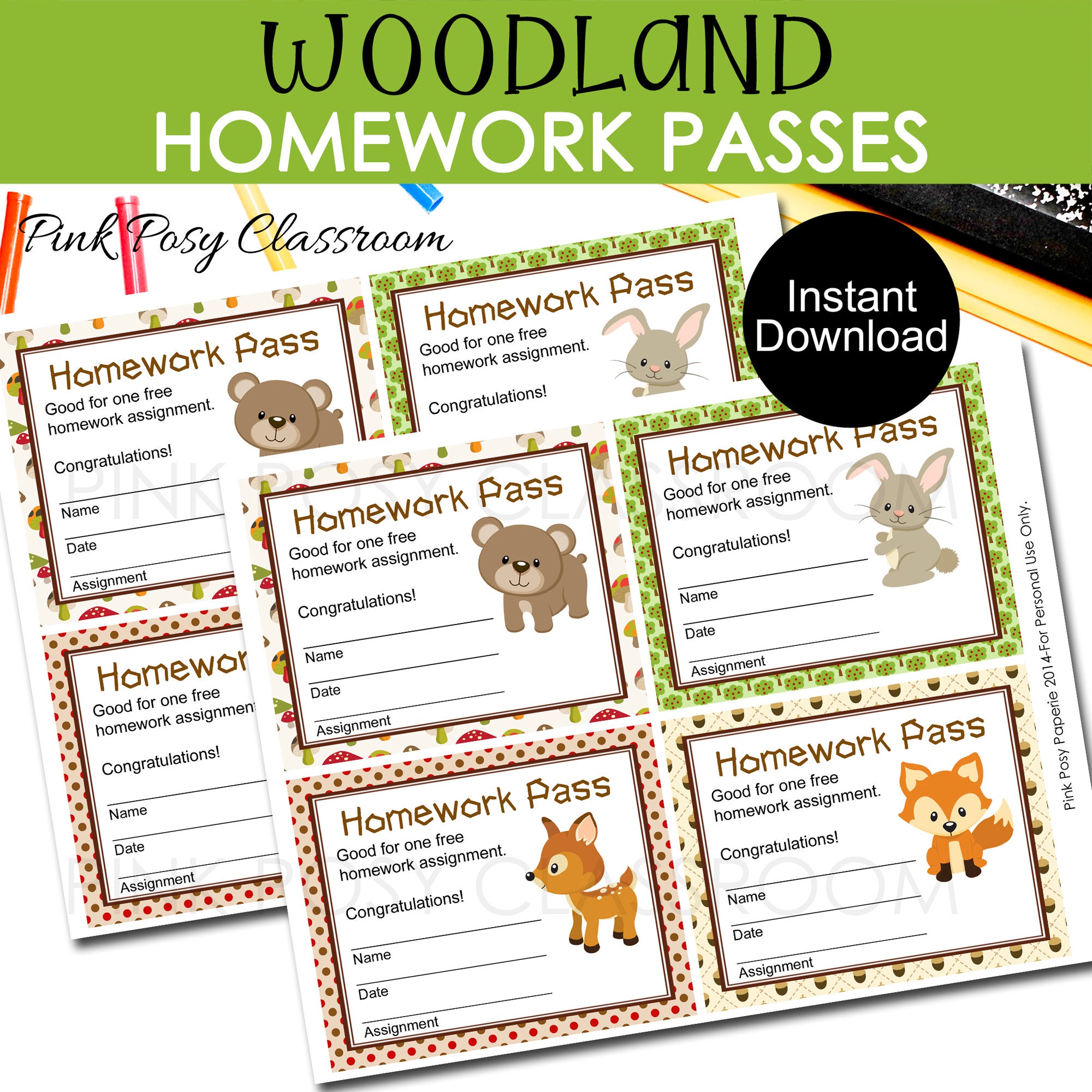 Woodland Homework Passes, Classroom Managment, Instant Download ...