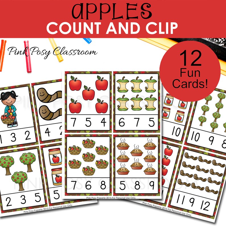 Apple Flash Cards 1 12 Count and Clip Cards Math Center - Etsy