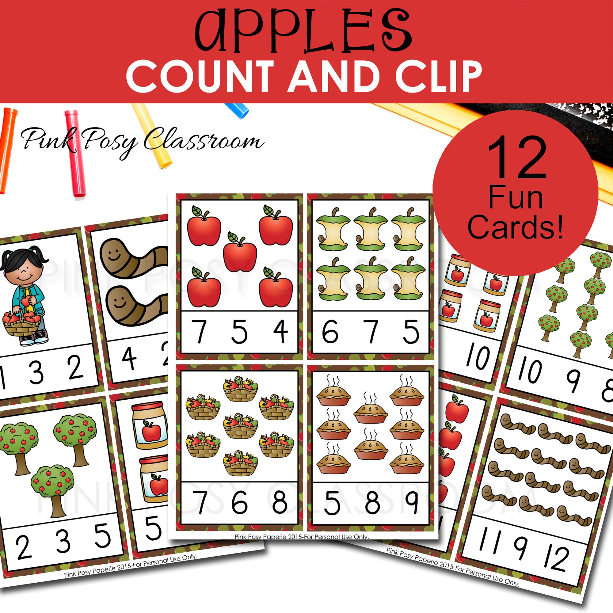 Apple Flash Cards 1 12 Count and Clip Cards Math Center - Etsy