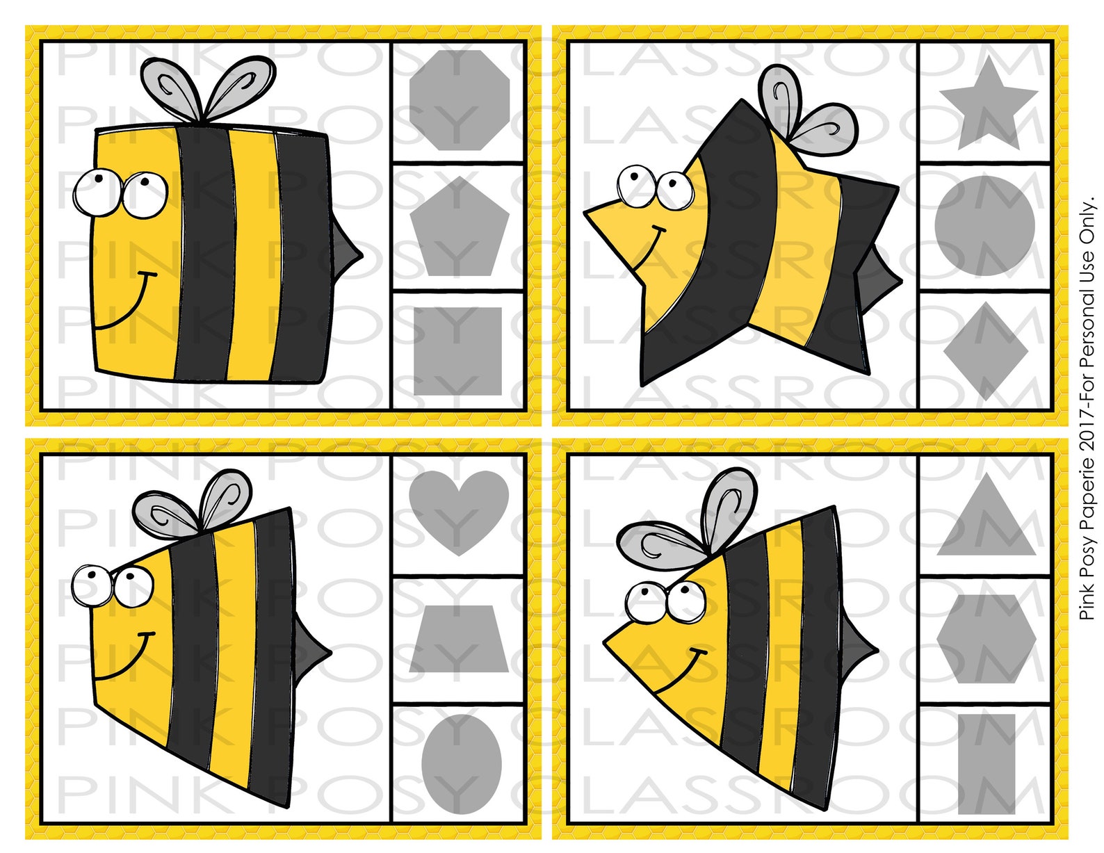 2D Shapes Flashcards Bee Theme, Bee Shapes Clip Cards, Shapes Matching ...
