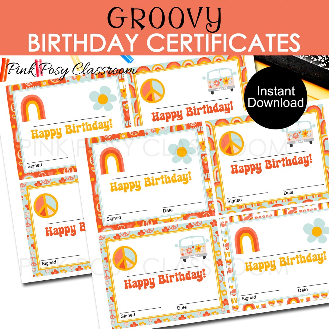 Happy Birthday Certificate, Groovy Birthday Certificate, Retro 70s ...