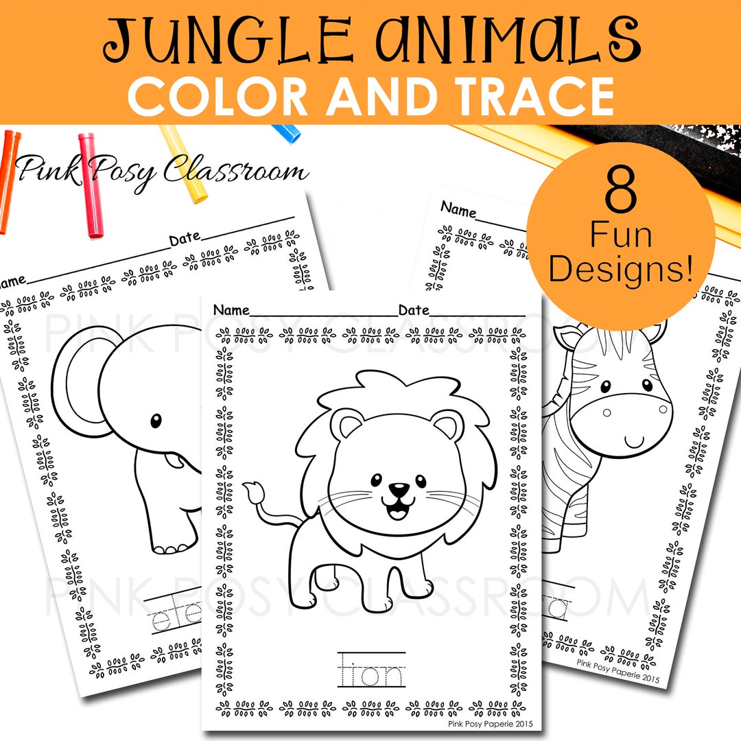 Jungle Animals Coloring Pages, Color Trace the Word, Safari Animals ...