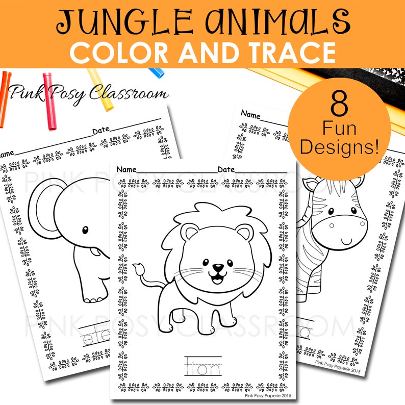 Jungle Animals Coloring Pages, Color Trace the Word, Safari Animals ...