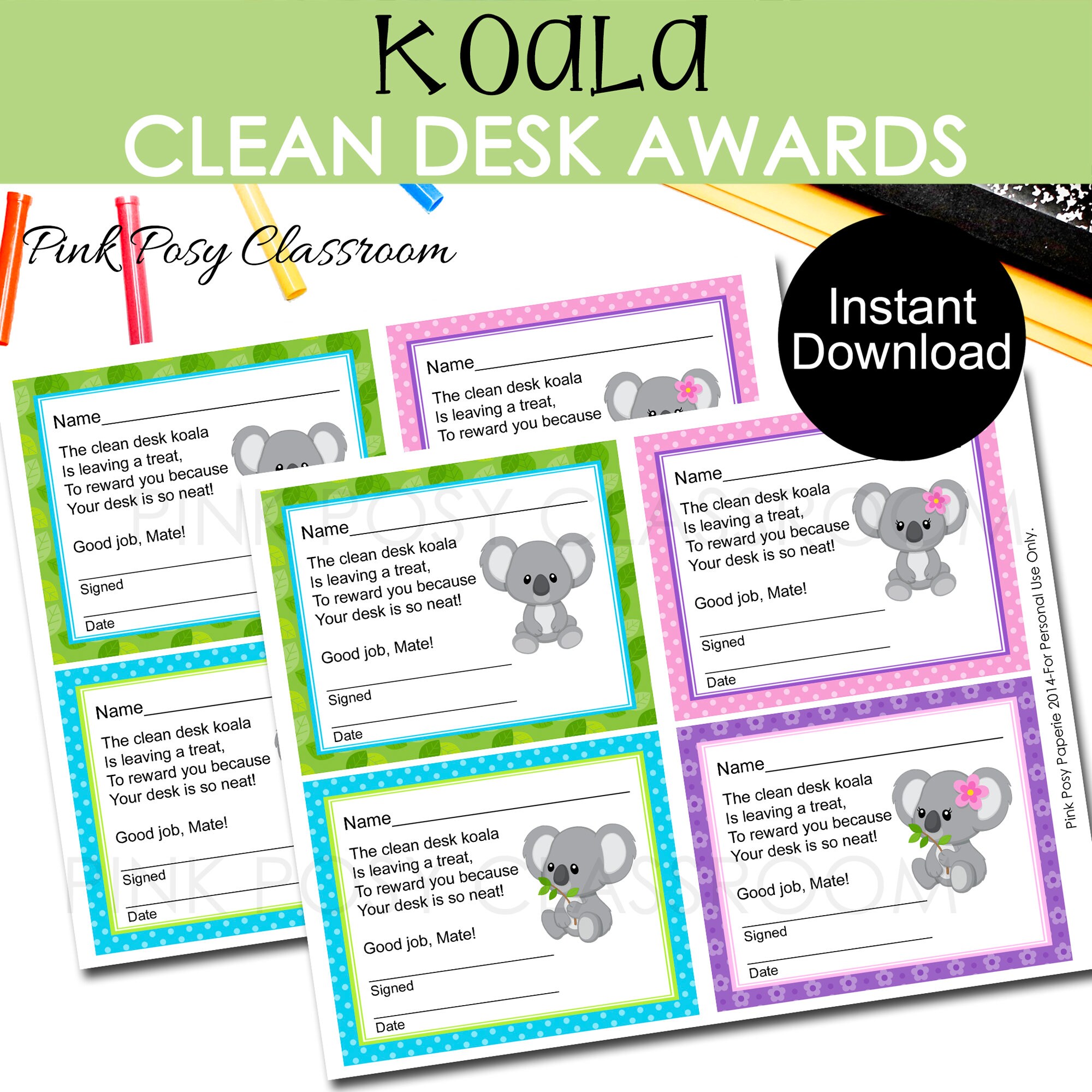 Koala Clean Desk Awards Classroom Managment Behavior - Etsy