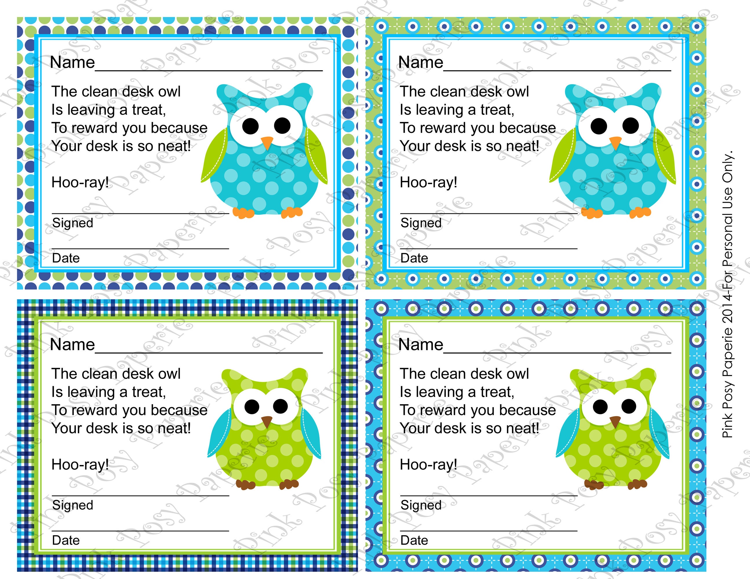 Owl Clean Desk Awards, Classroom Managment, Behavior Management ...