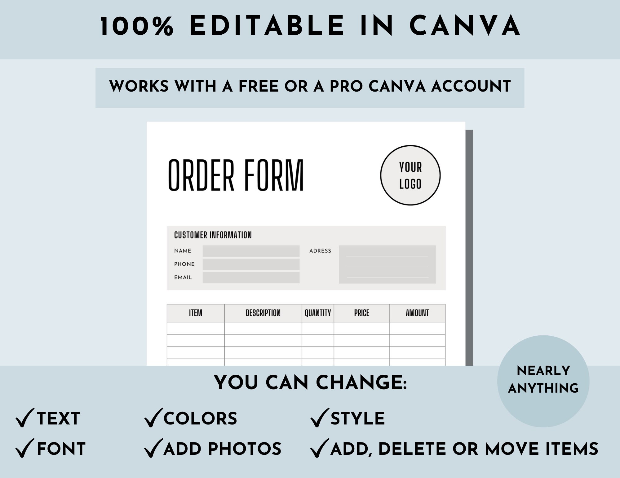 Purchase Order Form Craft Order Form Business Order Form Shirt Order ...