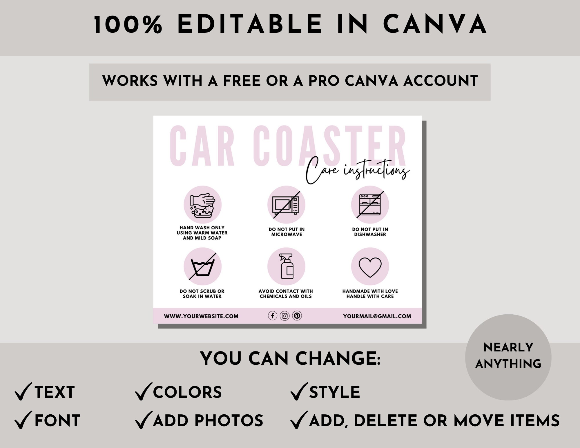 Editable Car Coaster Care Card Template Printable Car Coaster Care ...
