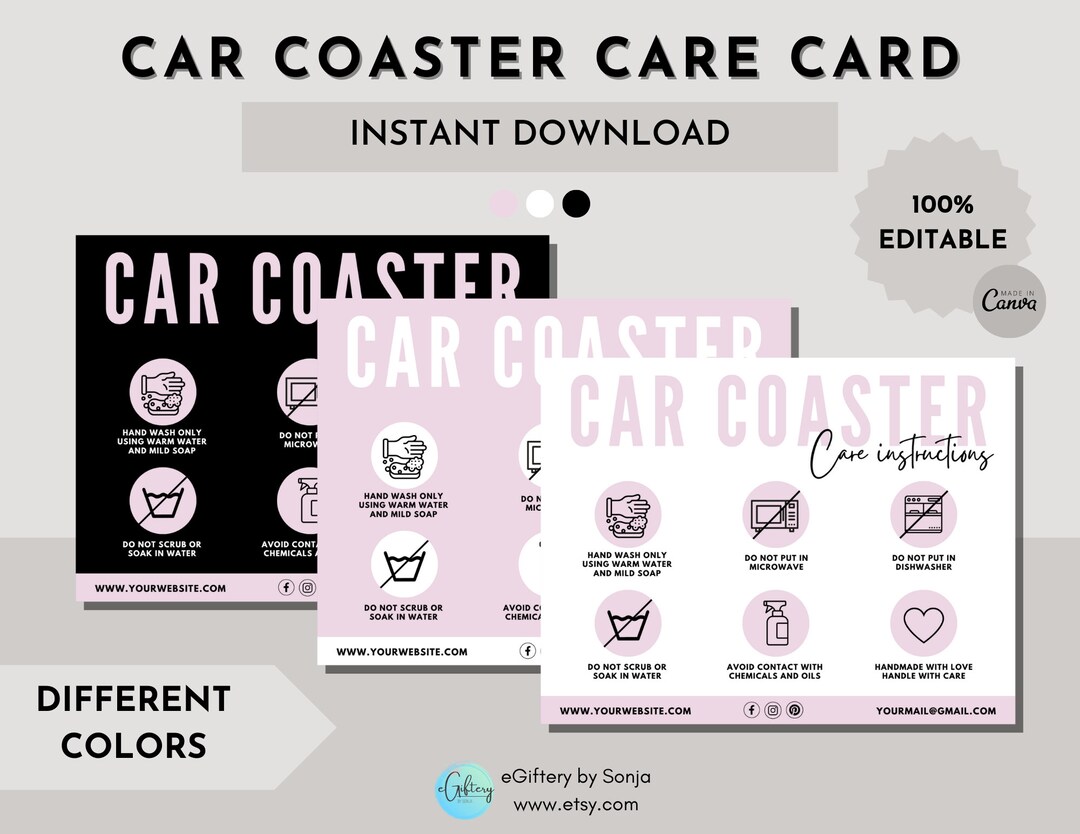 Editable Car Coaster Care Card Template Printable Car Coaster Care ...